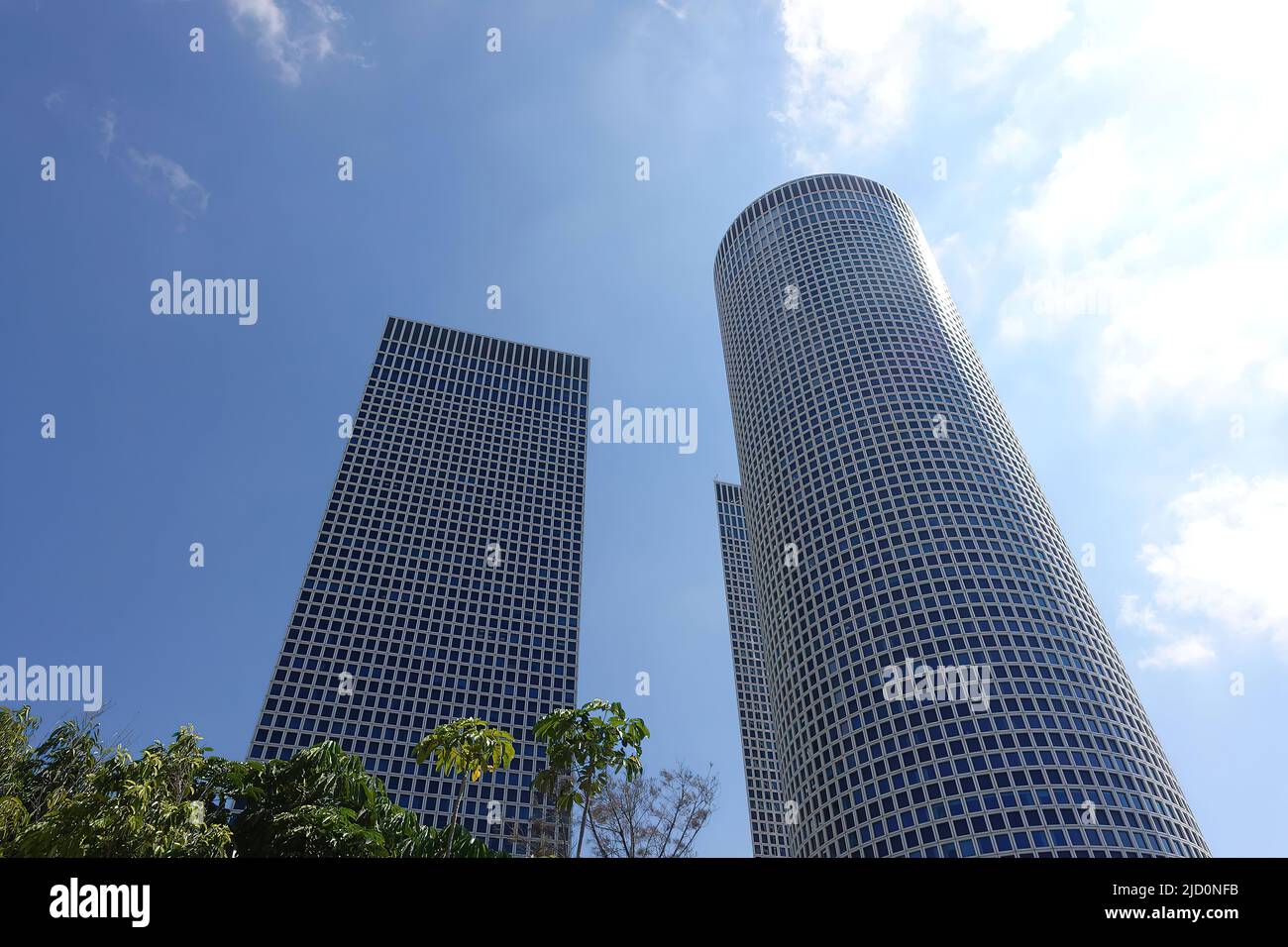 Two skyscrapers from human standing on the ground perspective Stock ...