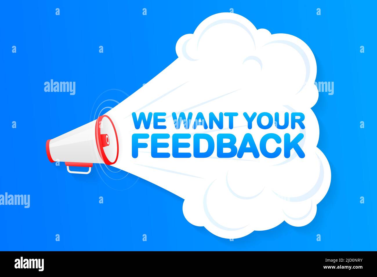 Megaphone blue banner with we want your feedback sign. Vector ...