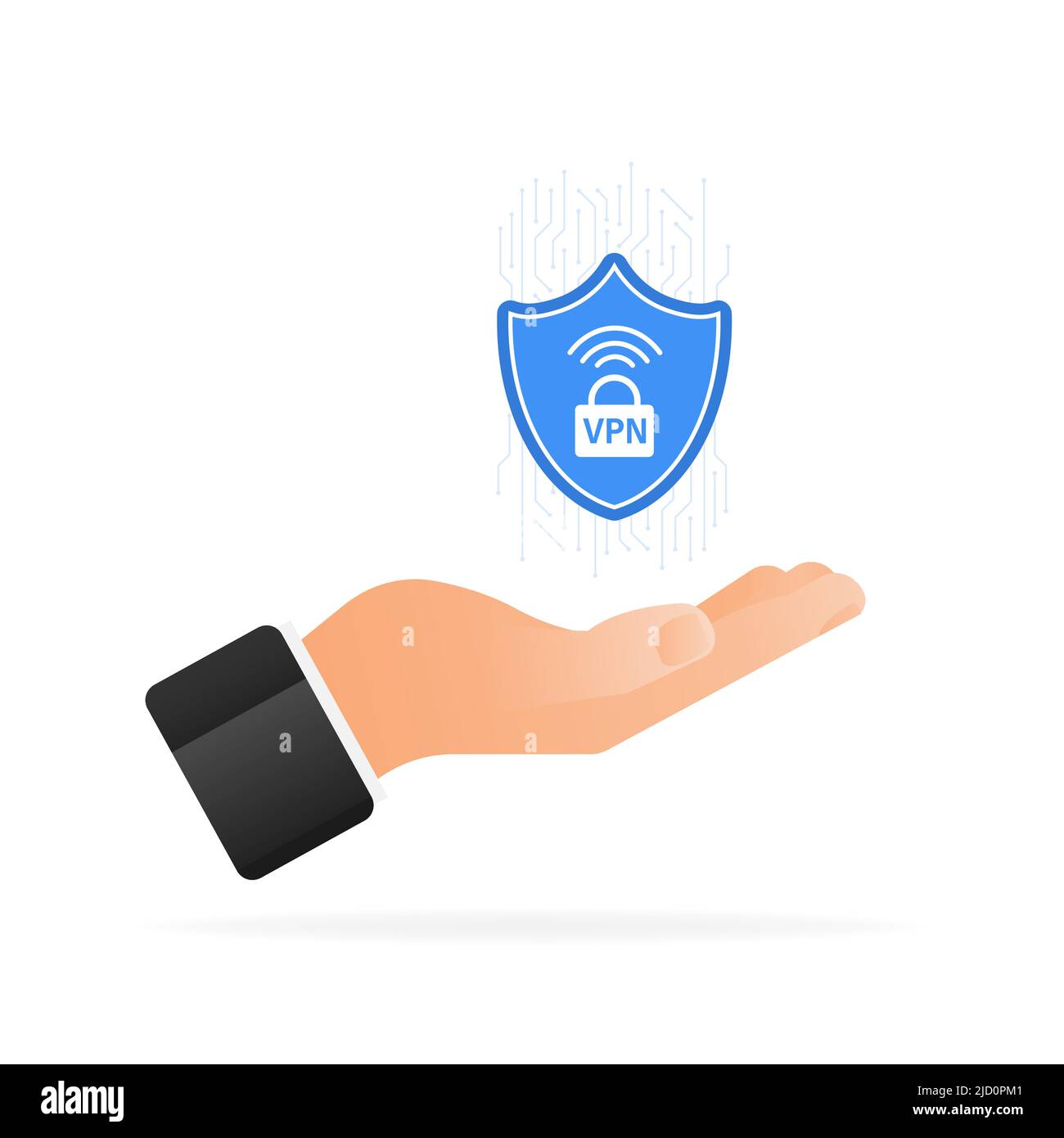 VPN flat blue secure label in hand on white background. Vector ...