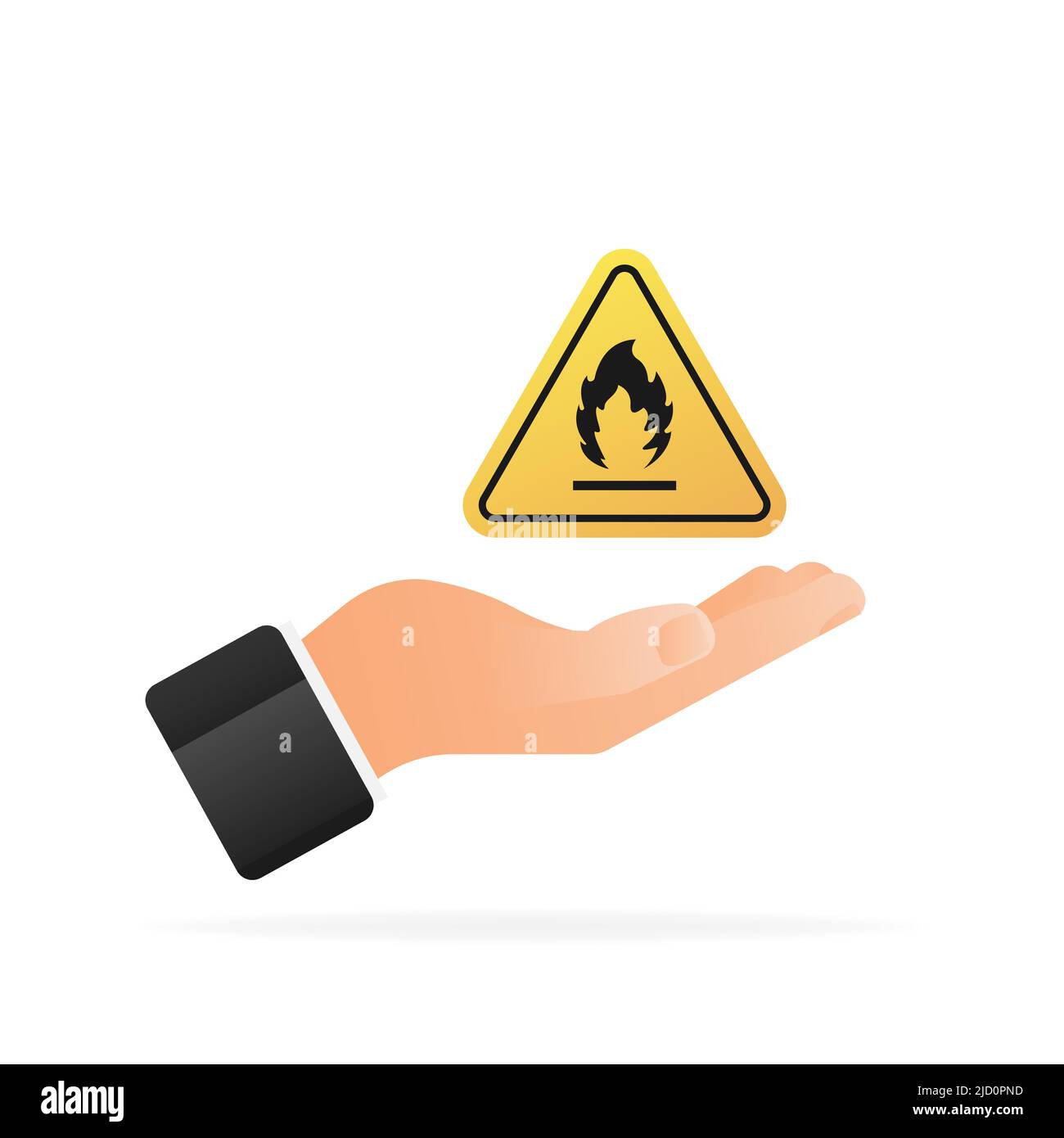 Fire flame danger icon in hand. Yellow illustration on white backdrop ...