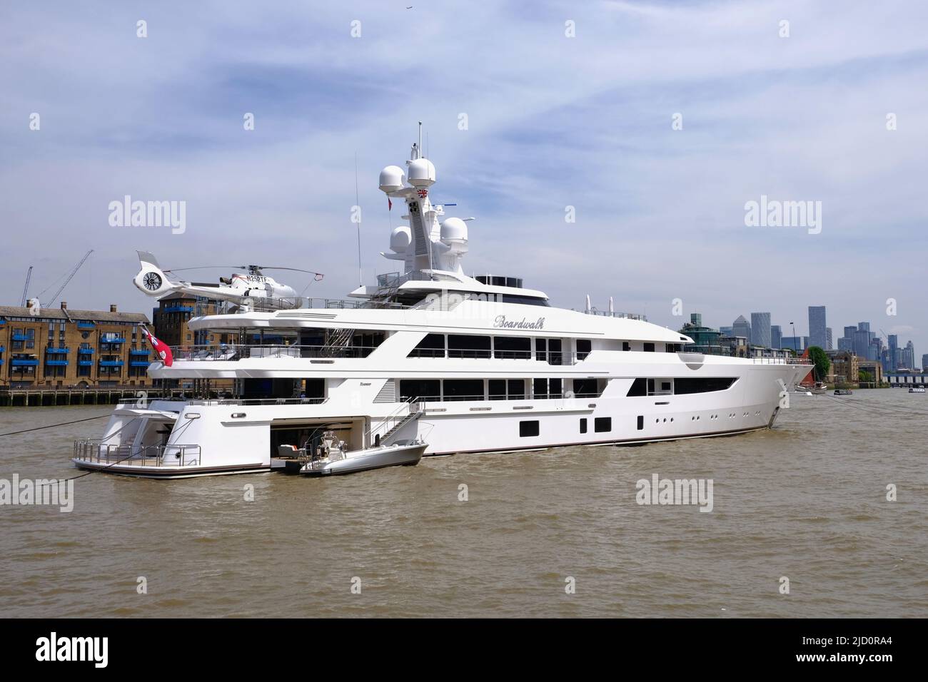 London, UK. The Boardwalk, a 77 metre-long superyacht owned by Tilman ...