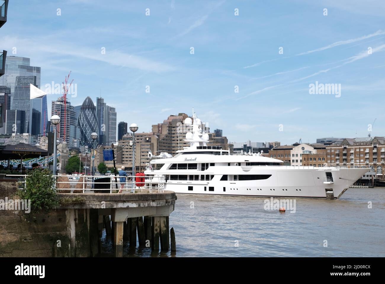 London, UK. The Boardwalk, a 77 metre-long superyacht owned by Tilman ...