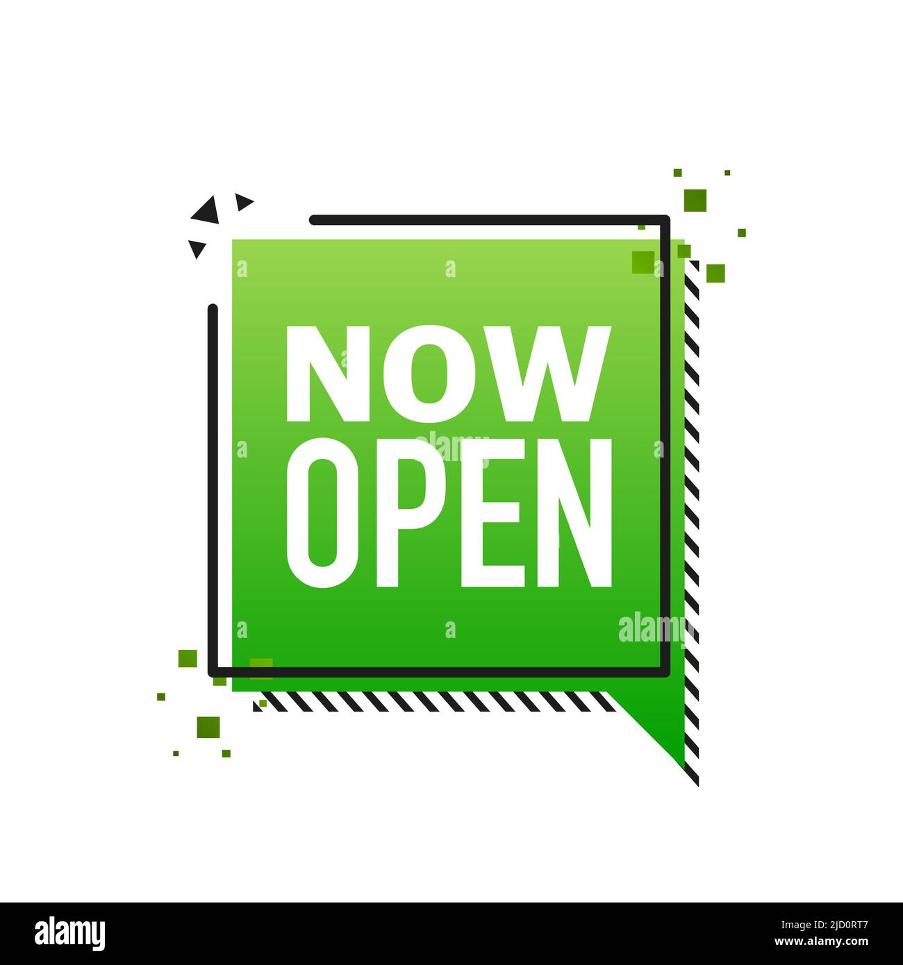 Vector now open green banner. Label with text in flat style. Vector ...