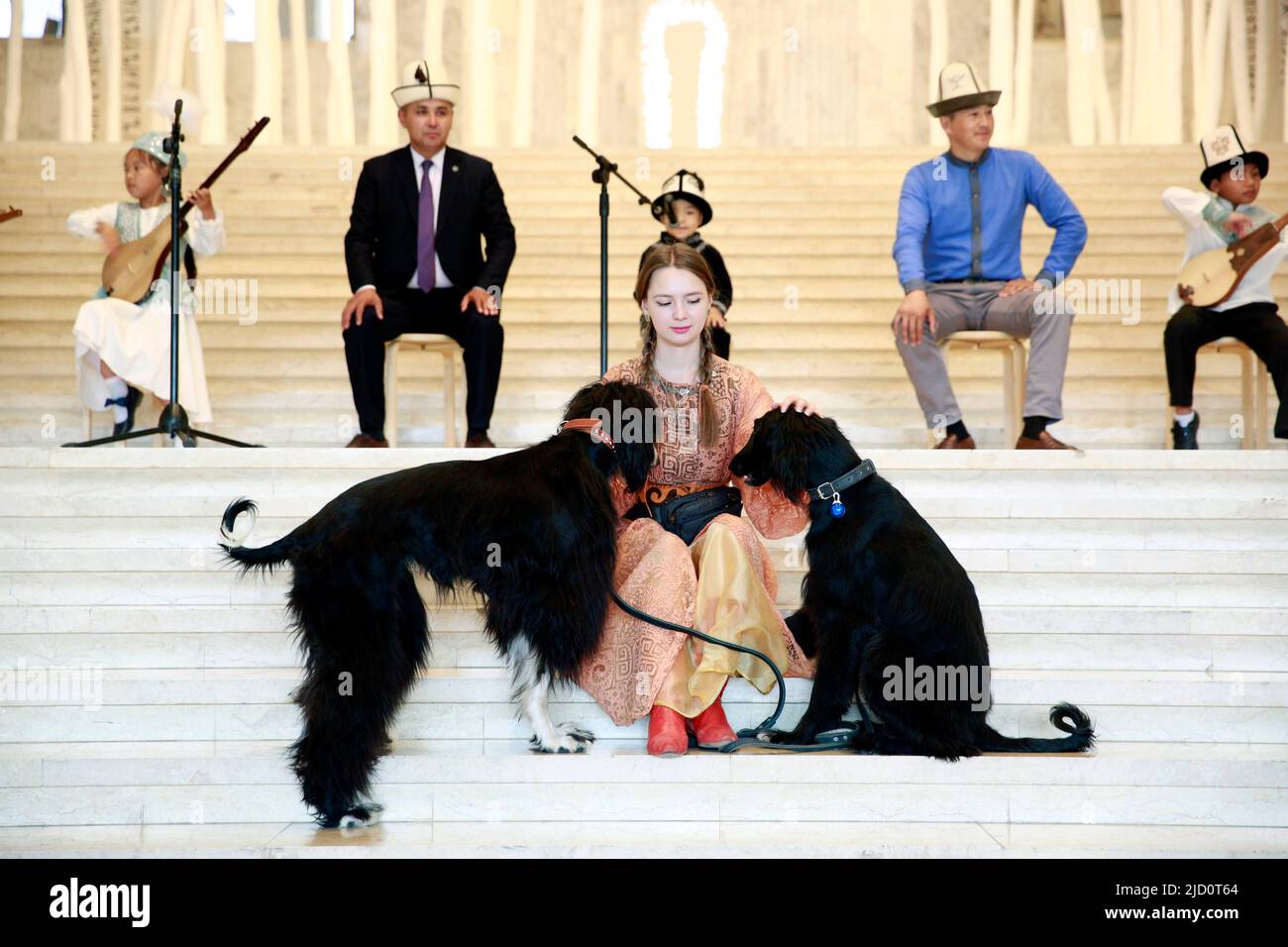 Bishkek, Kyrgyzstan. 15th June, 2022. A woman interacts with taigans, a ...