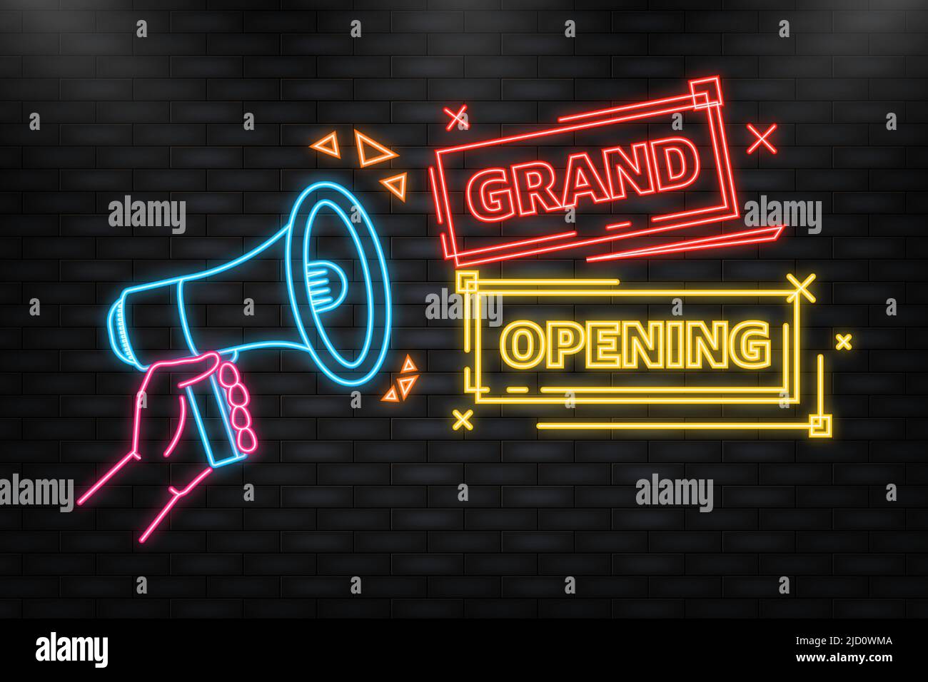 Neon Icon. Grand opening megaphone yellow banner in 3D style on white ...