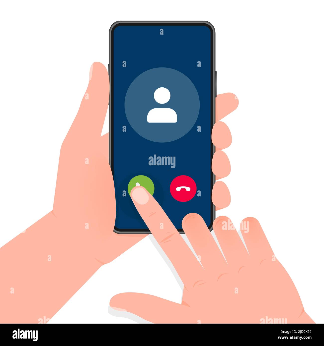 Hand holds phone with call Incoming video call on screen on green ...