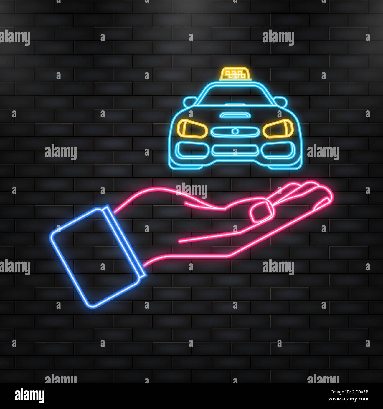 Neon Icon. 3d character taxi on light background. Cartoon yellow icon ...