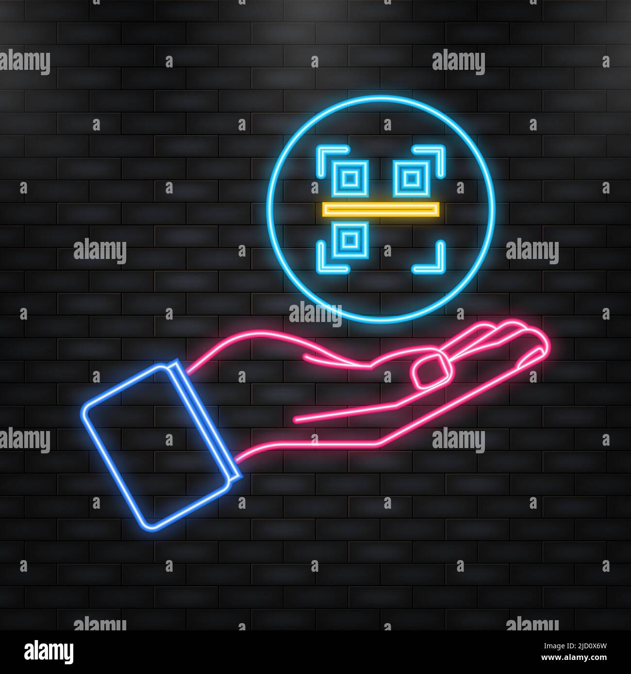 Neon Icon. Hand holds qr code to pay on screen. Phone on green ...