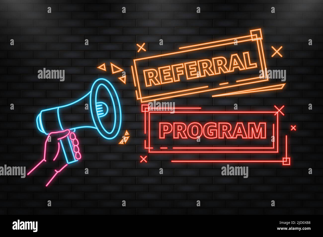 Neon Icon. Referral program megaphone yellow banner in flat style ...