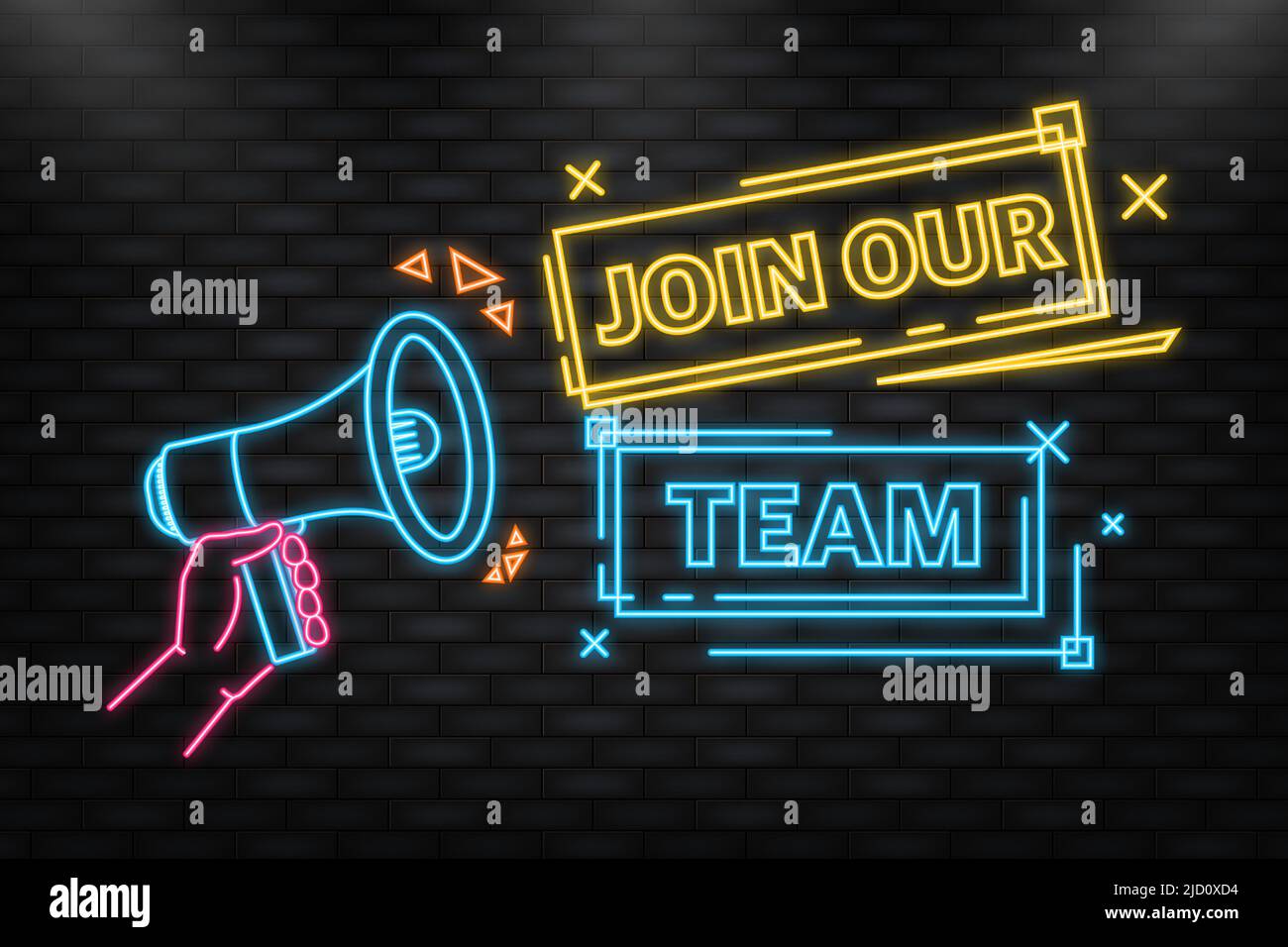 Neon Icon. Join our team megaphone yellow banner in 3D style on white background. Vector ...