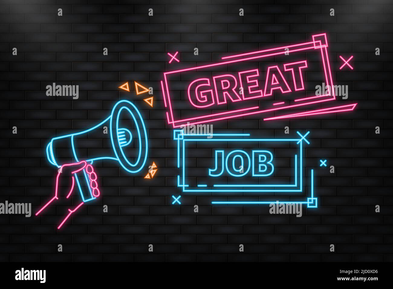 Neon Icon. Megaphone blue banner with great job sign. Vector ...