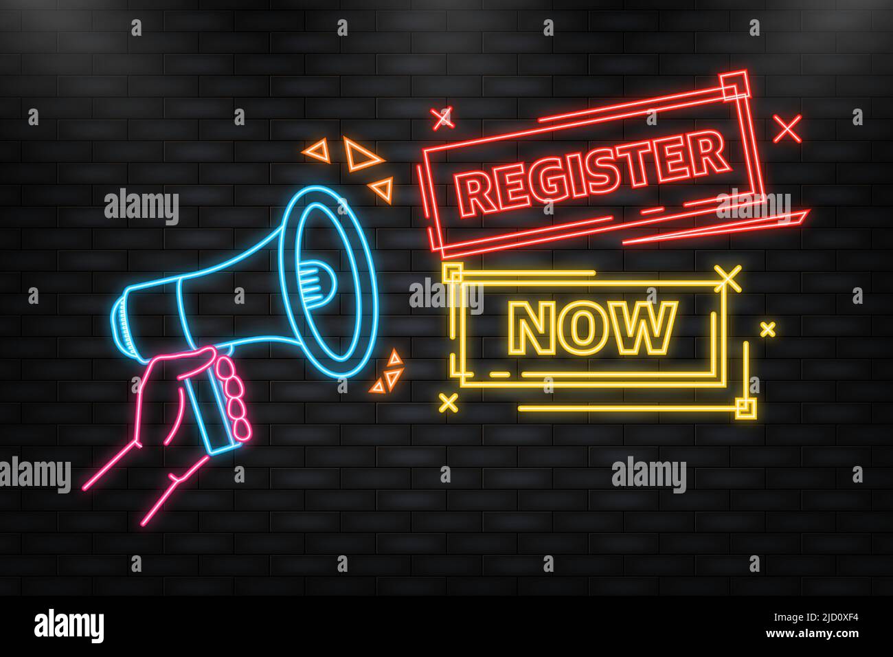 Neon Icon. Yellow register now label in modern style on white ...