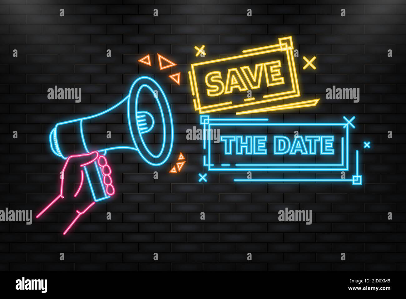 Neon Icon. Megaphone blue banner with save the date sign. Vector ...