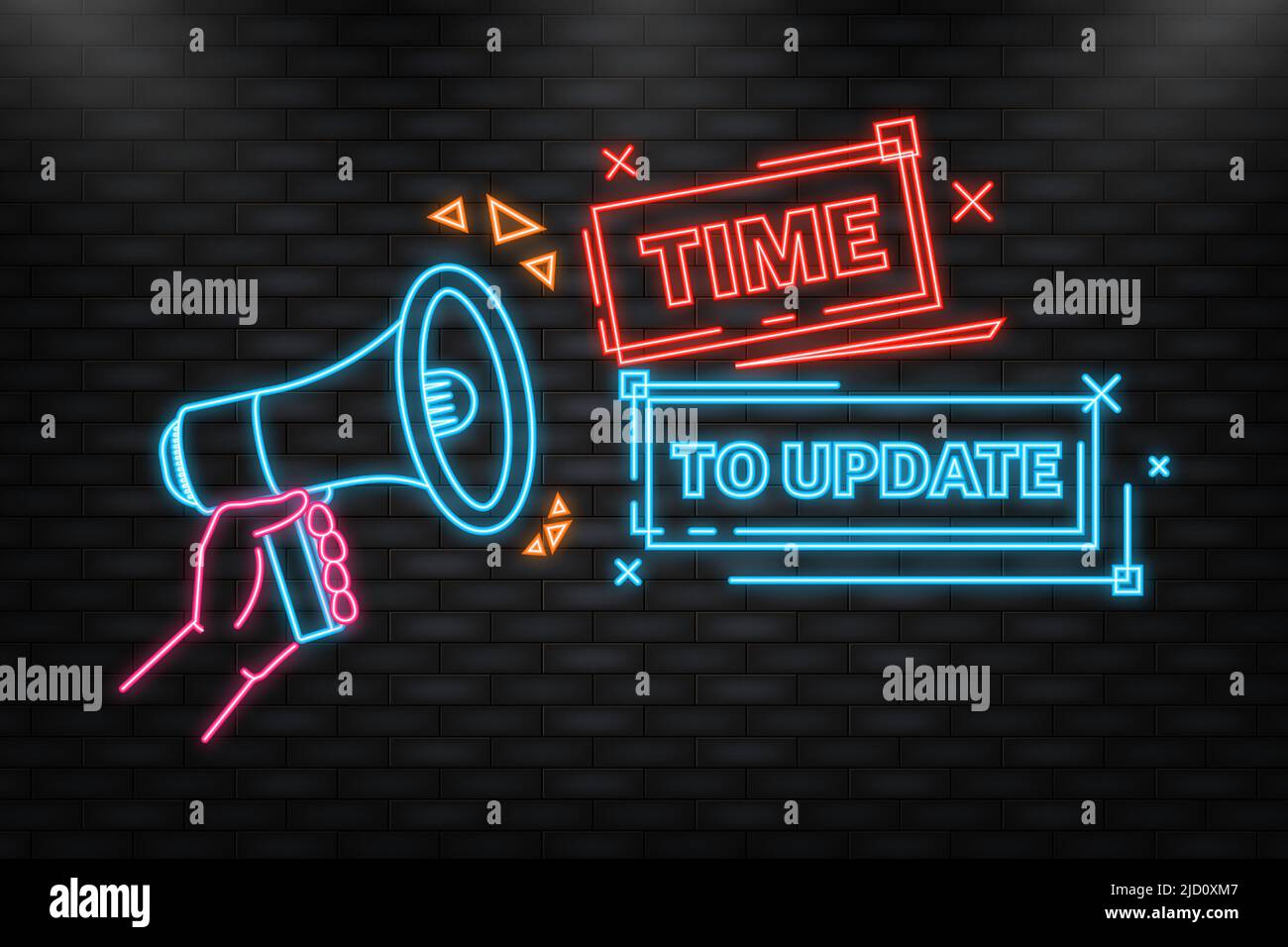 Neon Icon. Megaphone blue banner with time to update sign. Vector ...