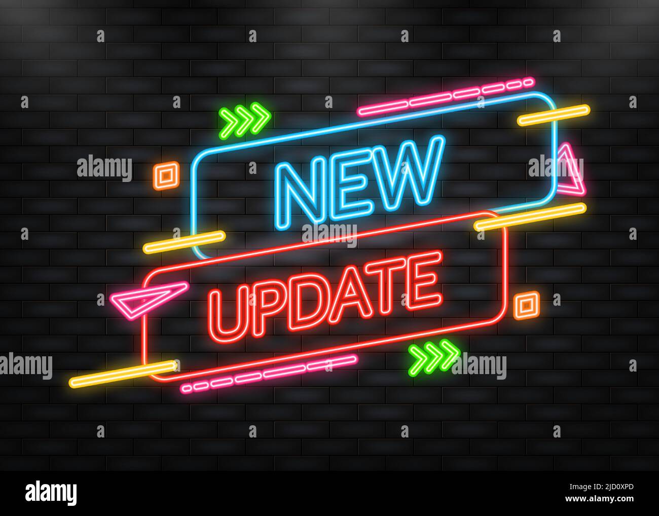 Neon Icon. New update flat label on blue background. Red banner. Vector ...
