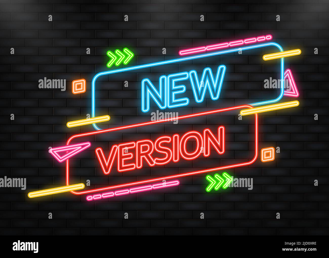 New version neon label on blue background. Red banner. Vector ...