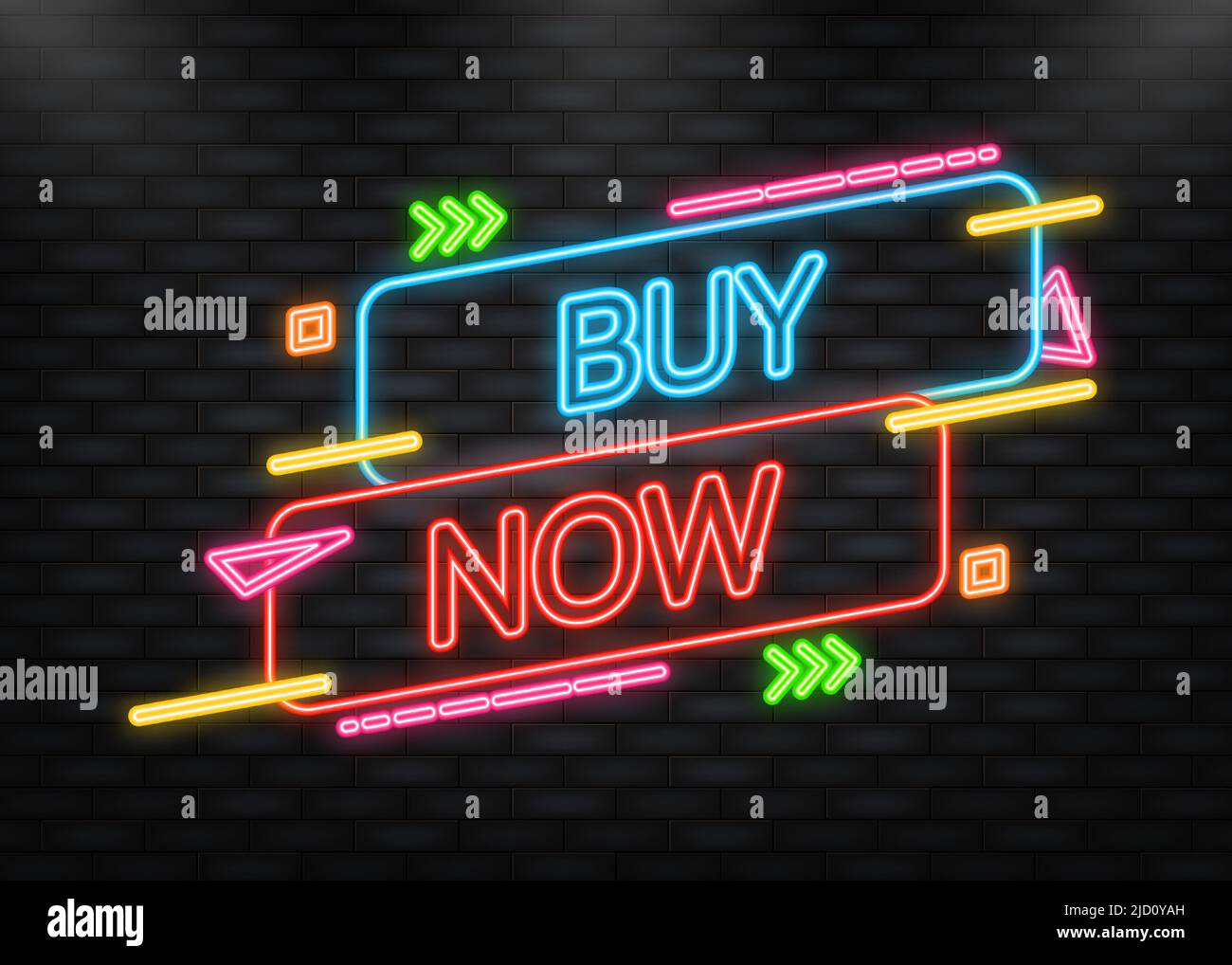 Neon buy now banner on blue background. Buy offer sticker. Vector ...