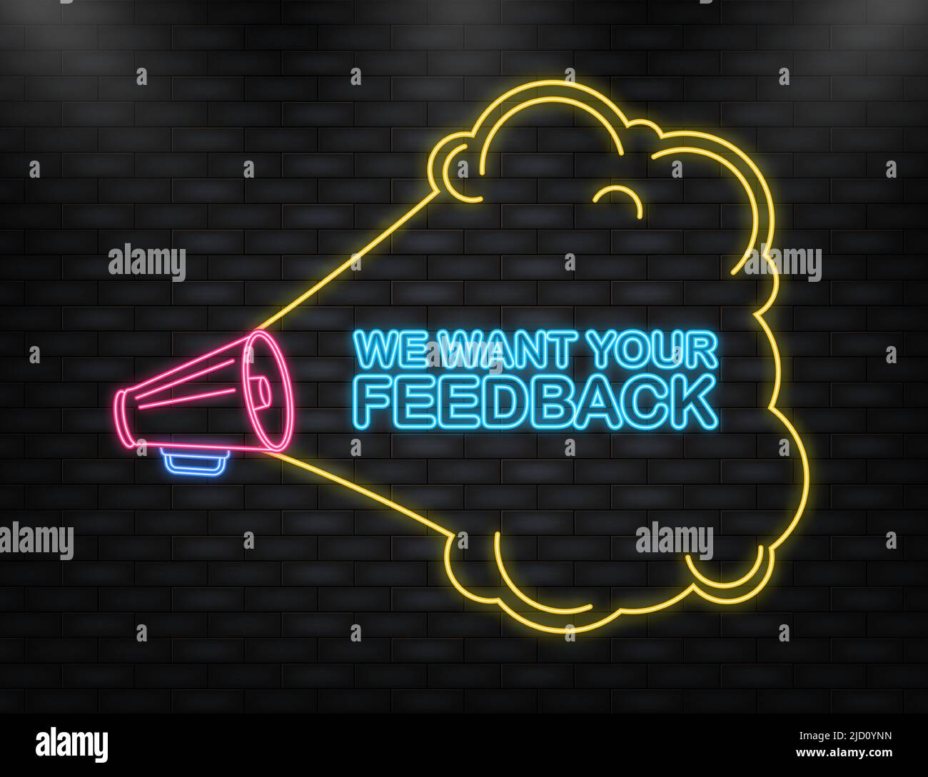 Neon Icon. We want your feedback megaphone yellow banner in 3D style on ...