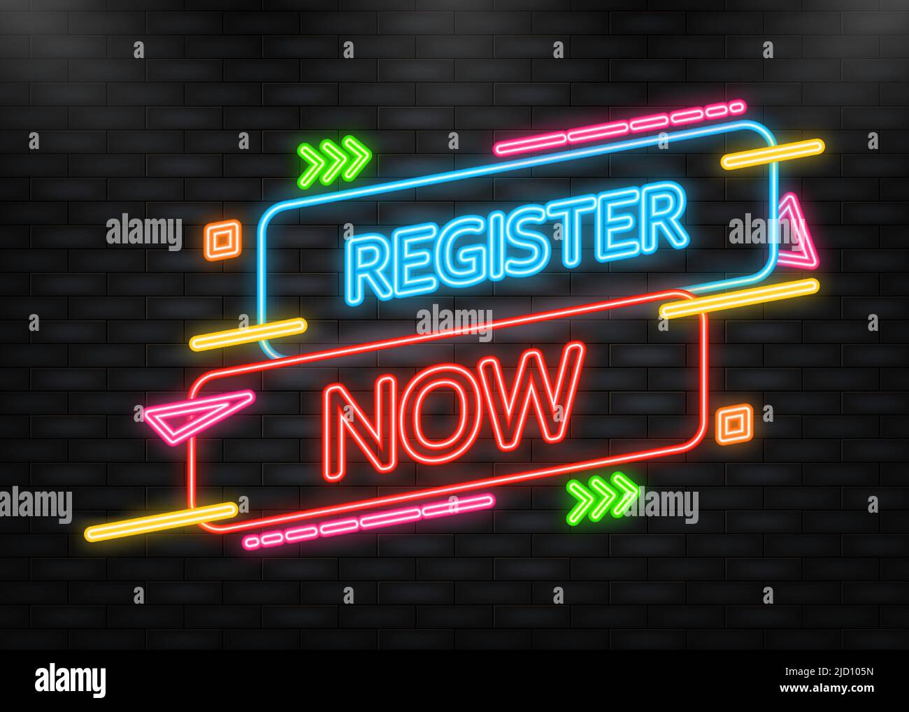 Neon Icon. Blue register now label in modern style on blue background ...