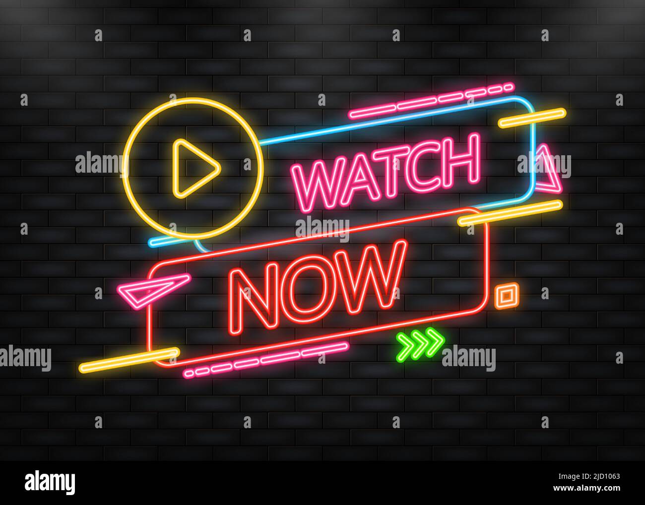 Watch now banner in neon style on dark background. Play video. Web ...