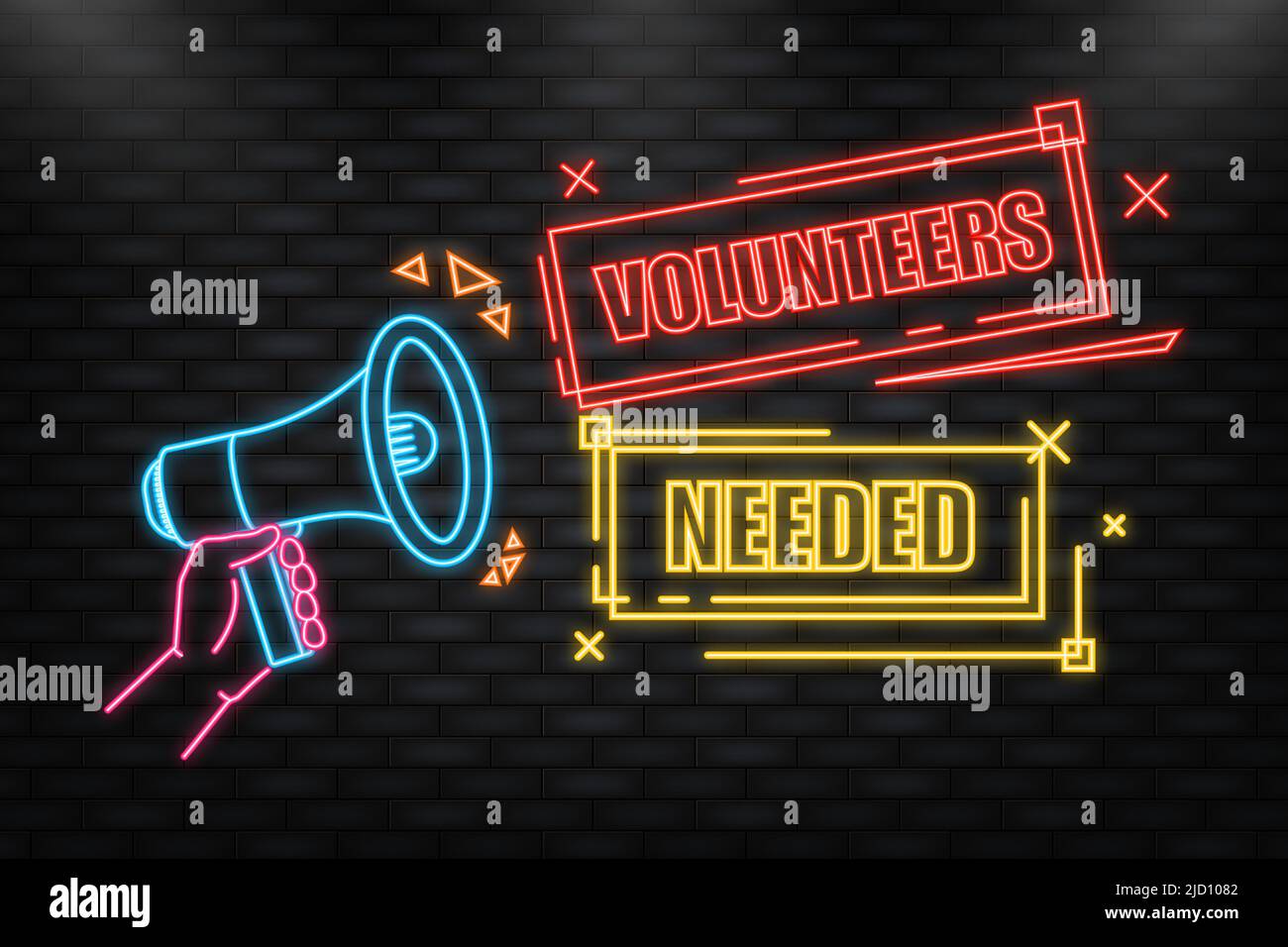 Neon Icon. Megaphone blue banner with volunteers needed sign. Vector ...