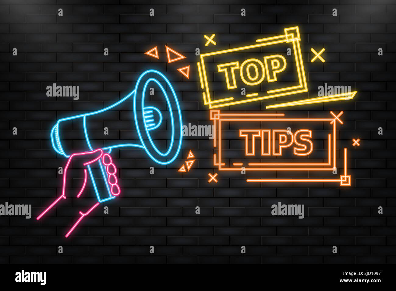 Neon Icon. Top tips megaphone yellow banner in flat style. Vector ...