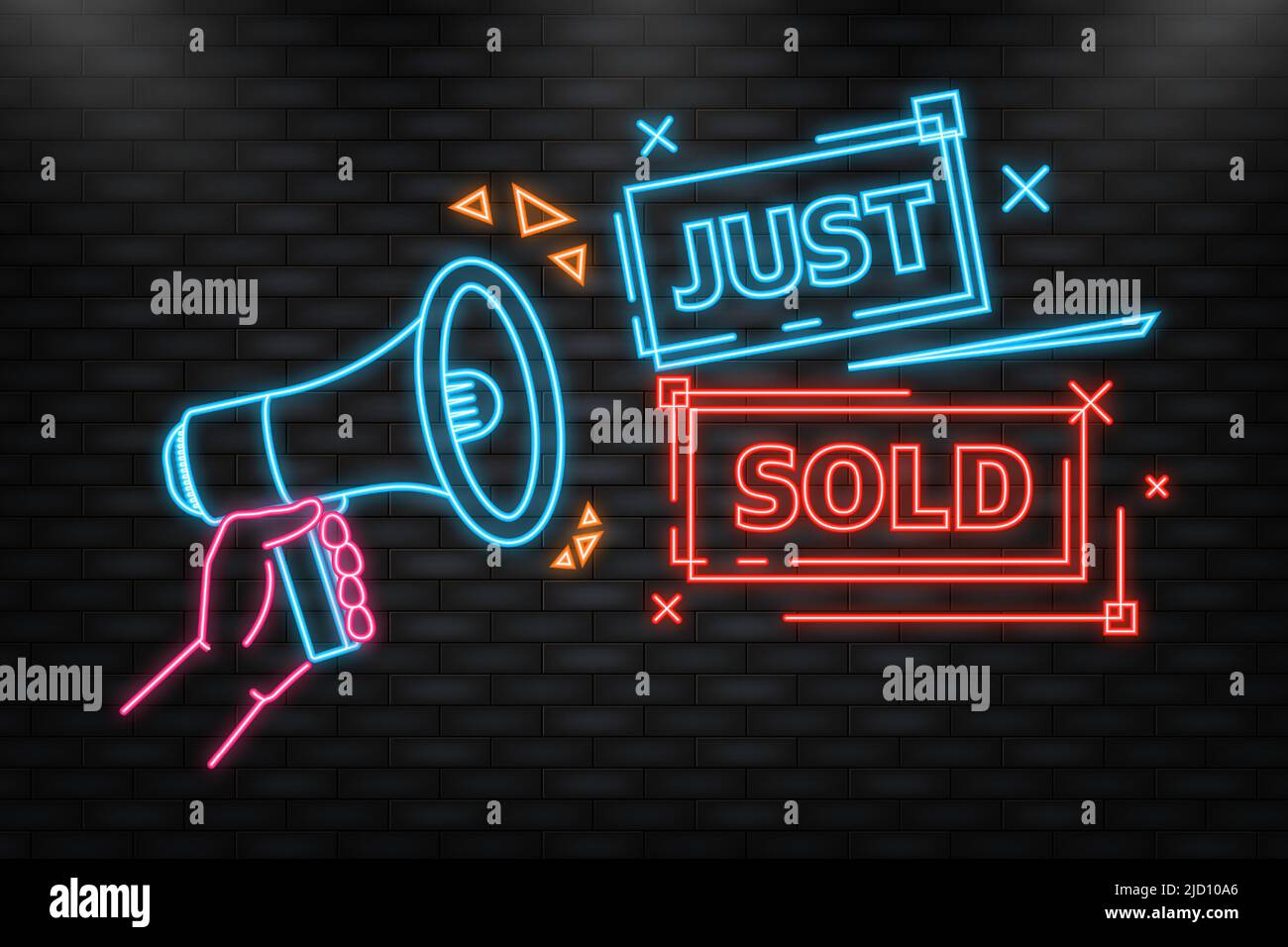 Neon Icon. Megaphone yellow banner with just sold sign. Vector ...