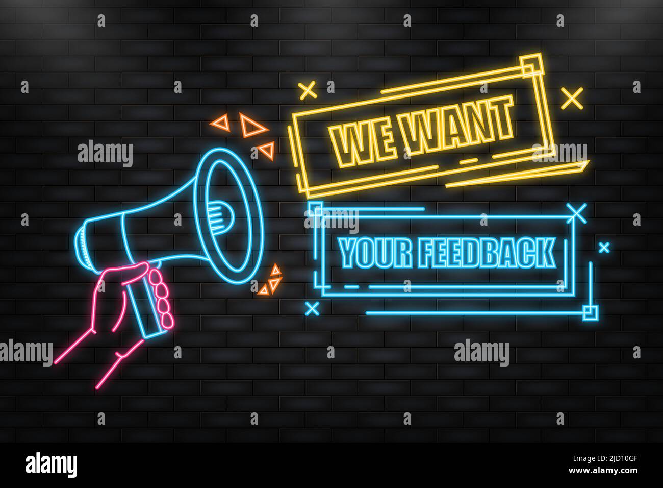 Neon Icon. Hand holding megaphone with We want your feedback Stock ...