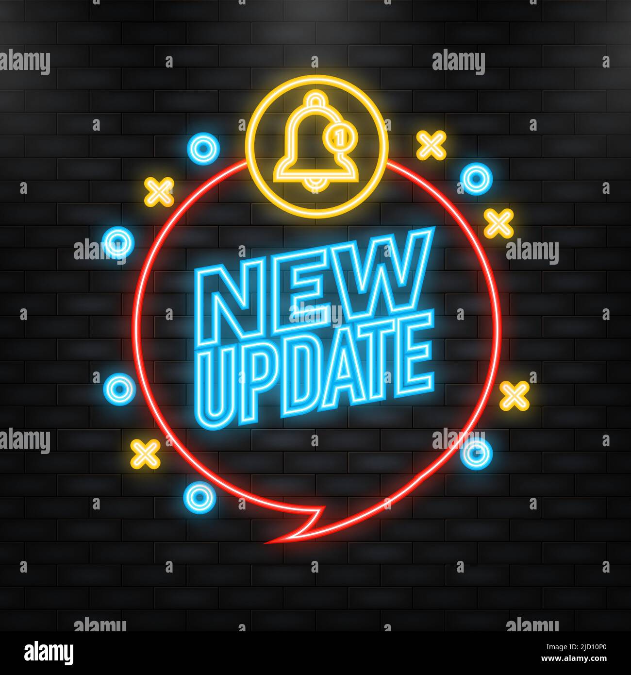 Neon Icon. New update flat label on blue background. Red banner. Vector ...