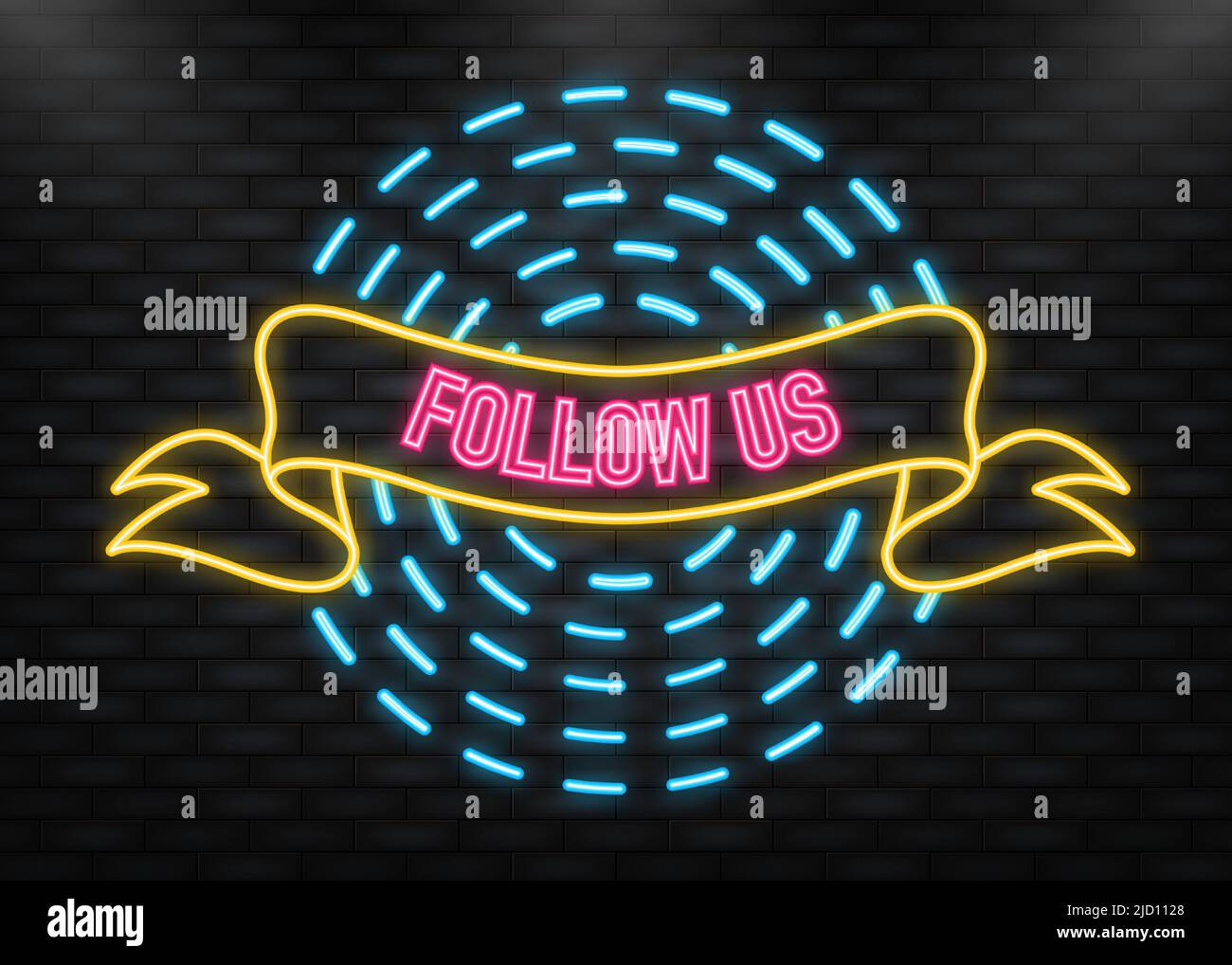 Neon Icon. Follow us vintage ribbon on dark background. Vector ...