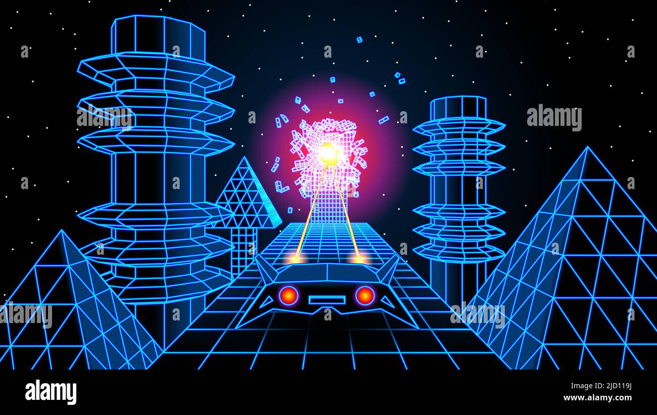 Arcade space ship flying over the road with 3D buildings, 80s style ...