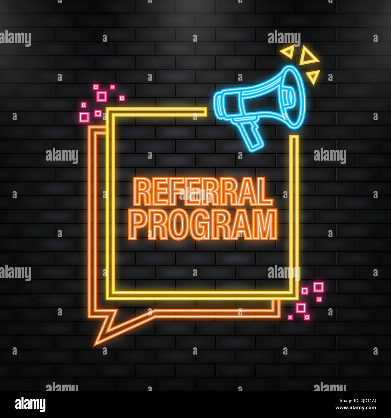 Neon Icon. Megaphone with referral program poster in flat style. Vector ... Neon Icon. Megaphone with referral program poster in flat style. Vector ...