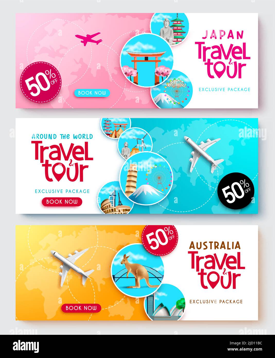 Travel sale vector banner set design. Travel and tour text with package ...