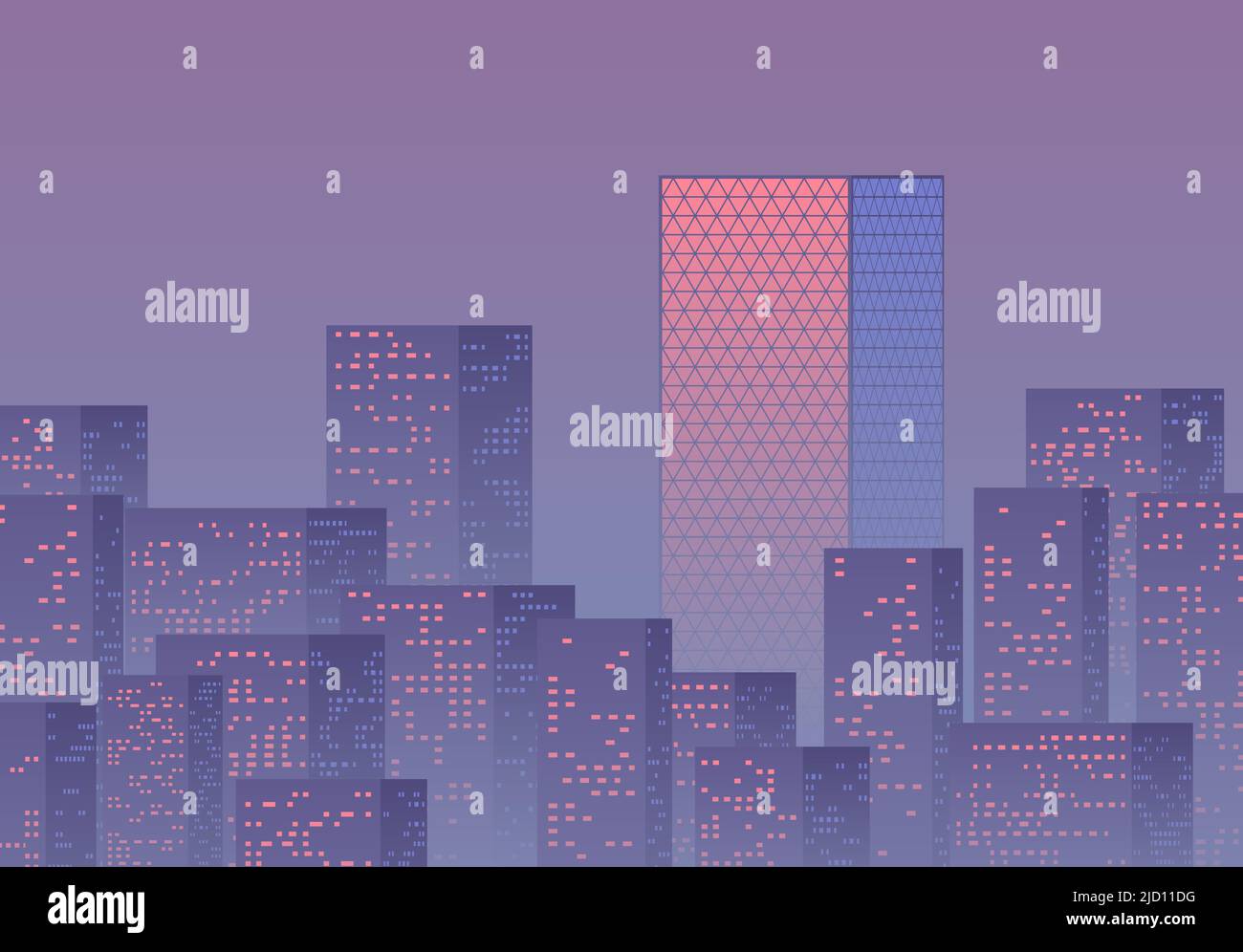 Violet sunset over the business city with skyscrapers. Purple highrise ...