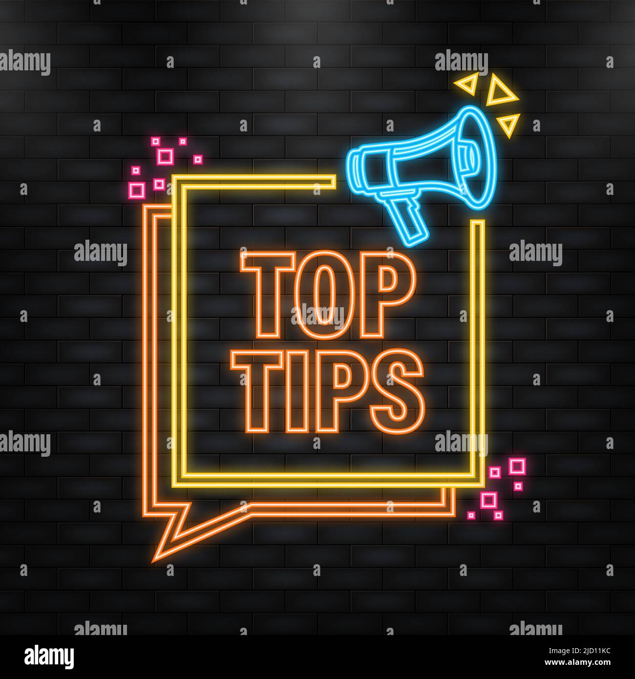 Neon Icon. Top tips megaphone yellow banner in 3D style on white ...