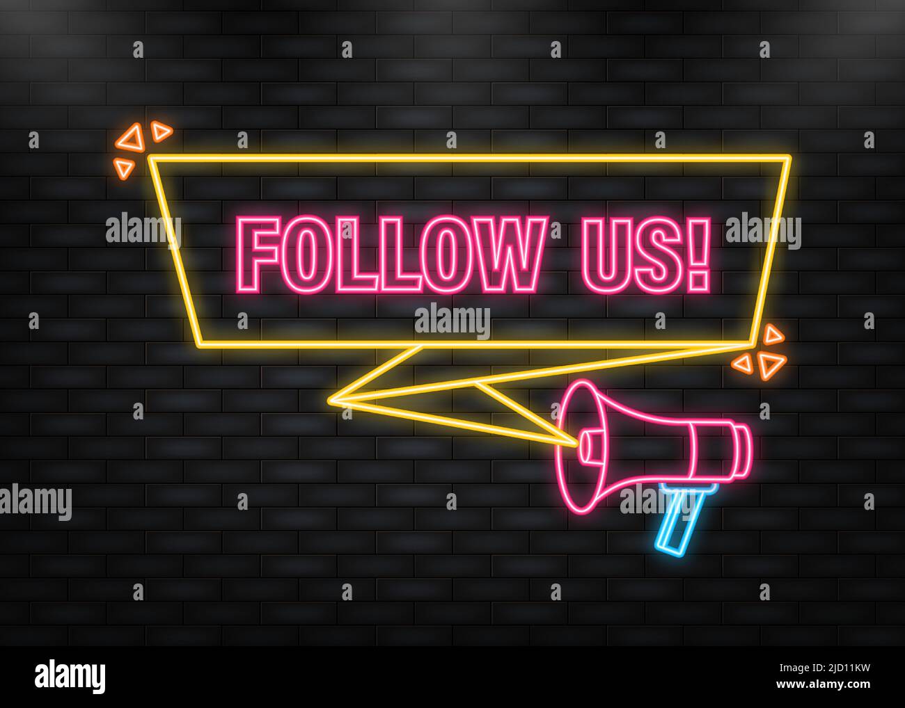Neon Icon Follow us megaphone blue banner in 3D style on white ...