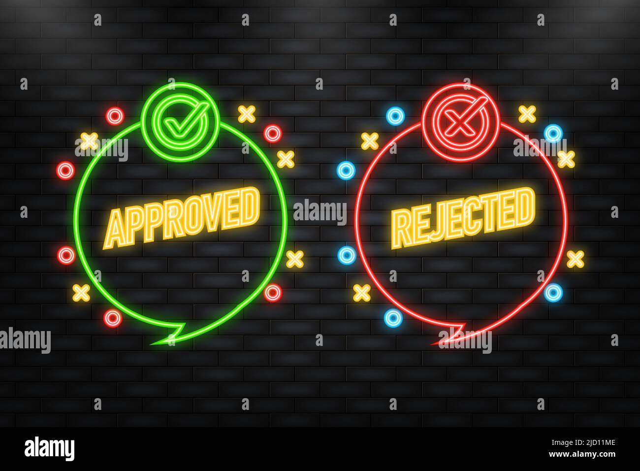 Neon Icon. Approved and rejected notification, successful operation ...