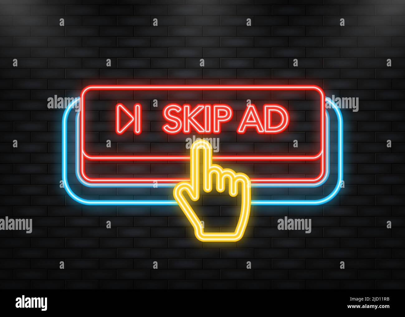 Neon Icon. Skip ad red button on white background. Hand mouse. Flat 3D ...