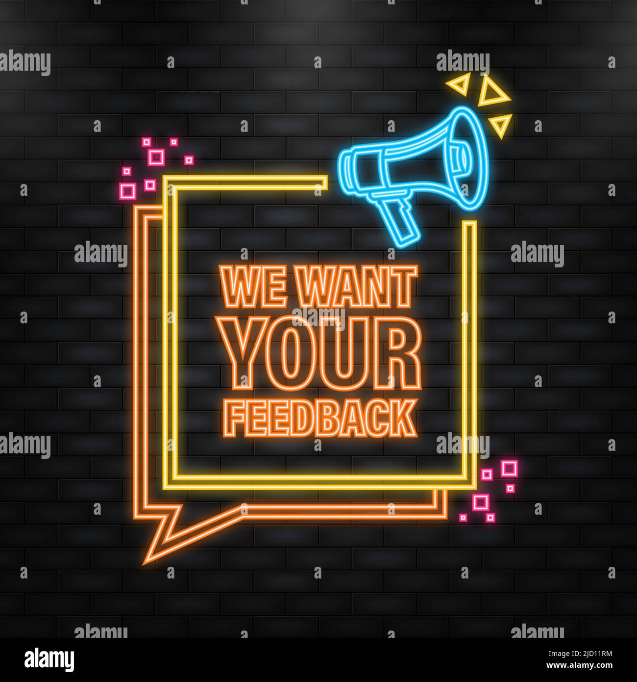 Neon Icon. We want your feedback megaphone yellow banner in 3D style ...