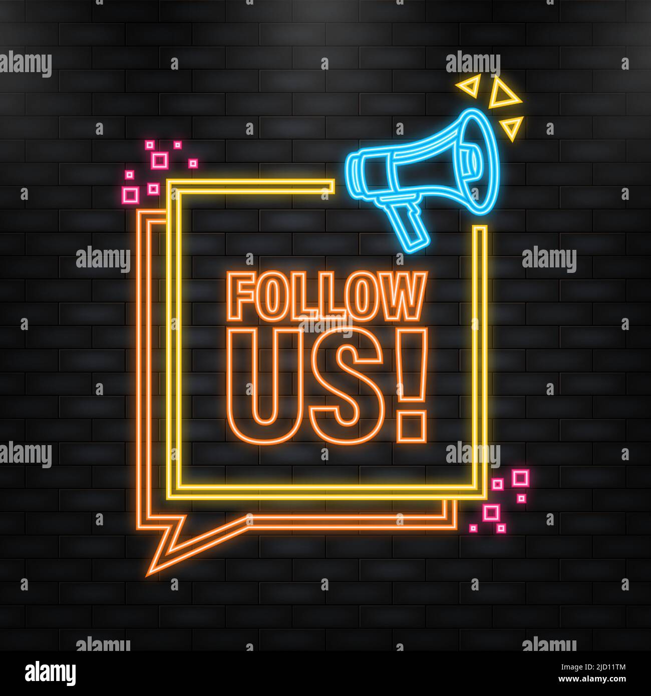 Neon Icon Follow us megaphone blue banner in 3D style on white ...