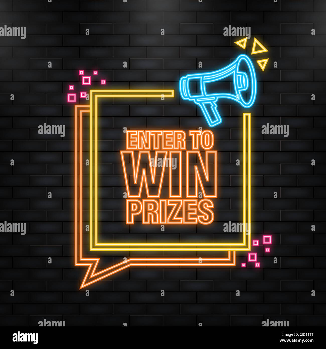 Neon Icon. Enter to win prizes megaphone yellow banner in 3D style on ...