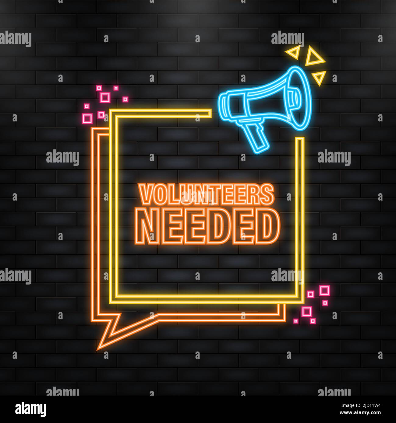 Neon Icon. Megaphone with volunteers needed poster in flat style ...
