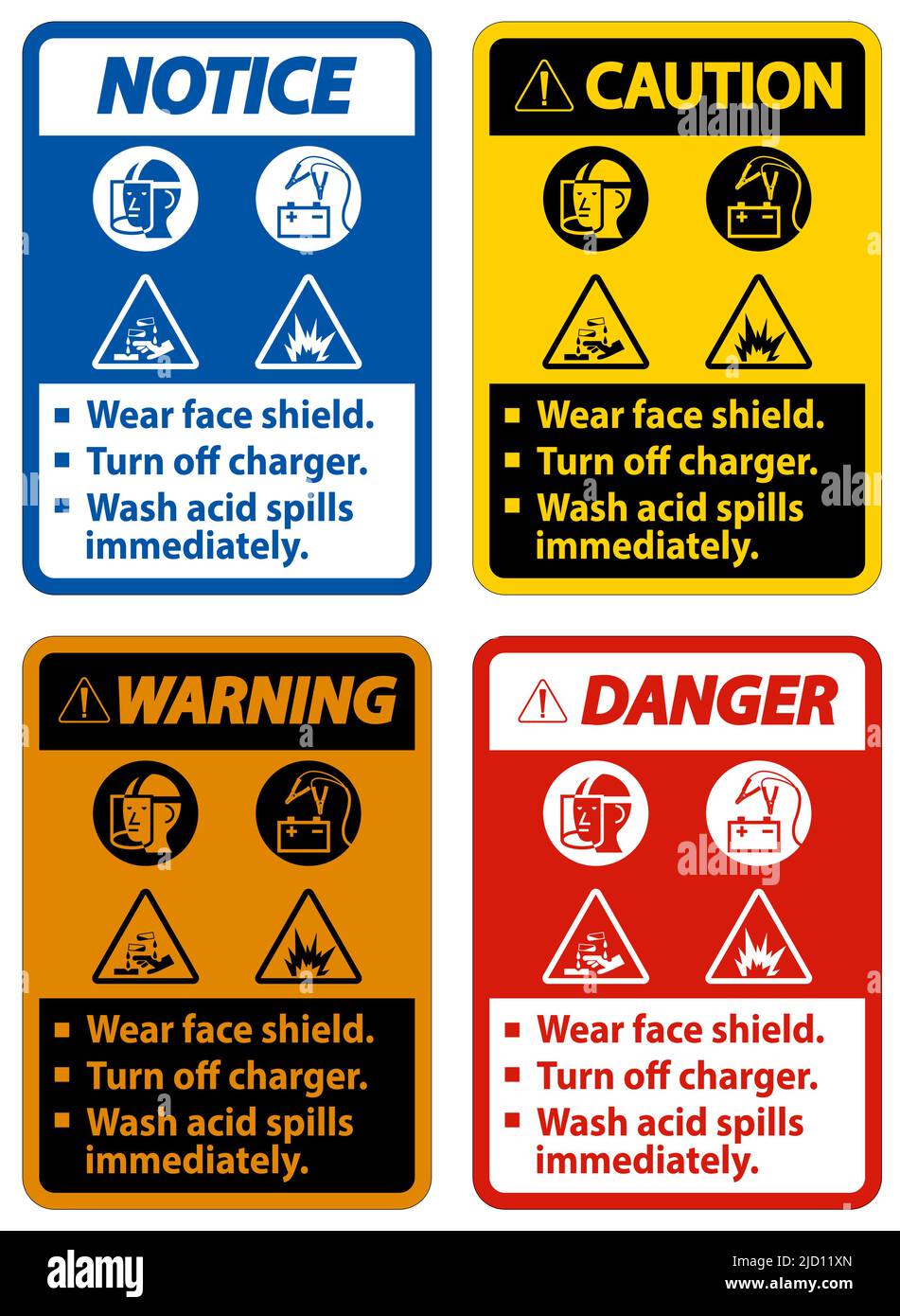 Warning Sign Wear Face Shield, Turn Off Charger, Wash Acid Spills ...