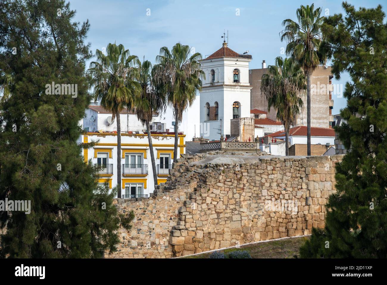 The bell tower of the Co-Cathedral of Merida, Merida, Spain Stock Photo ...