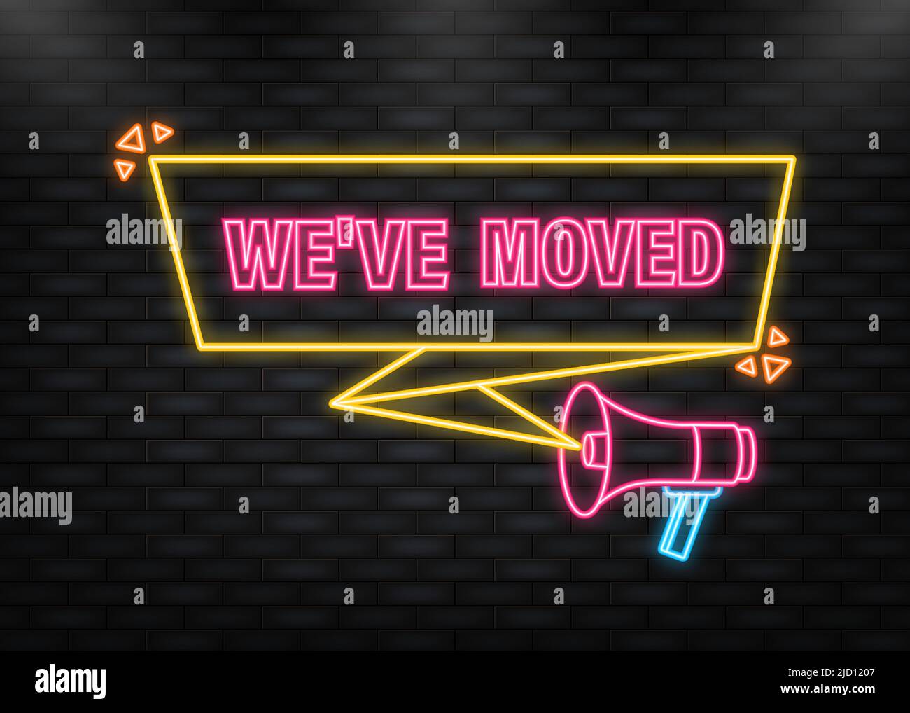 Neon Icon. We have moved megaphone blue banner in flat style. Vector ...