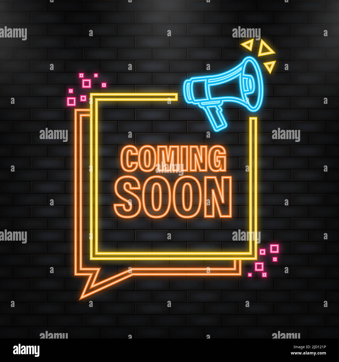 Neon Icon. Coming soon megaphone yellow banner in 3D style on white ...