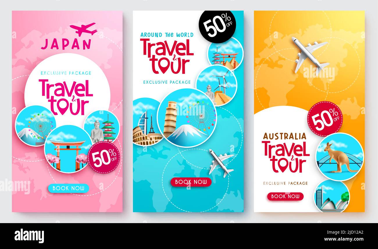 Travel promo vector poster set design. Travel tour text with worldwide ...