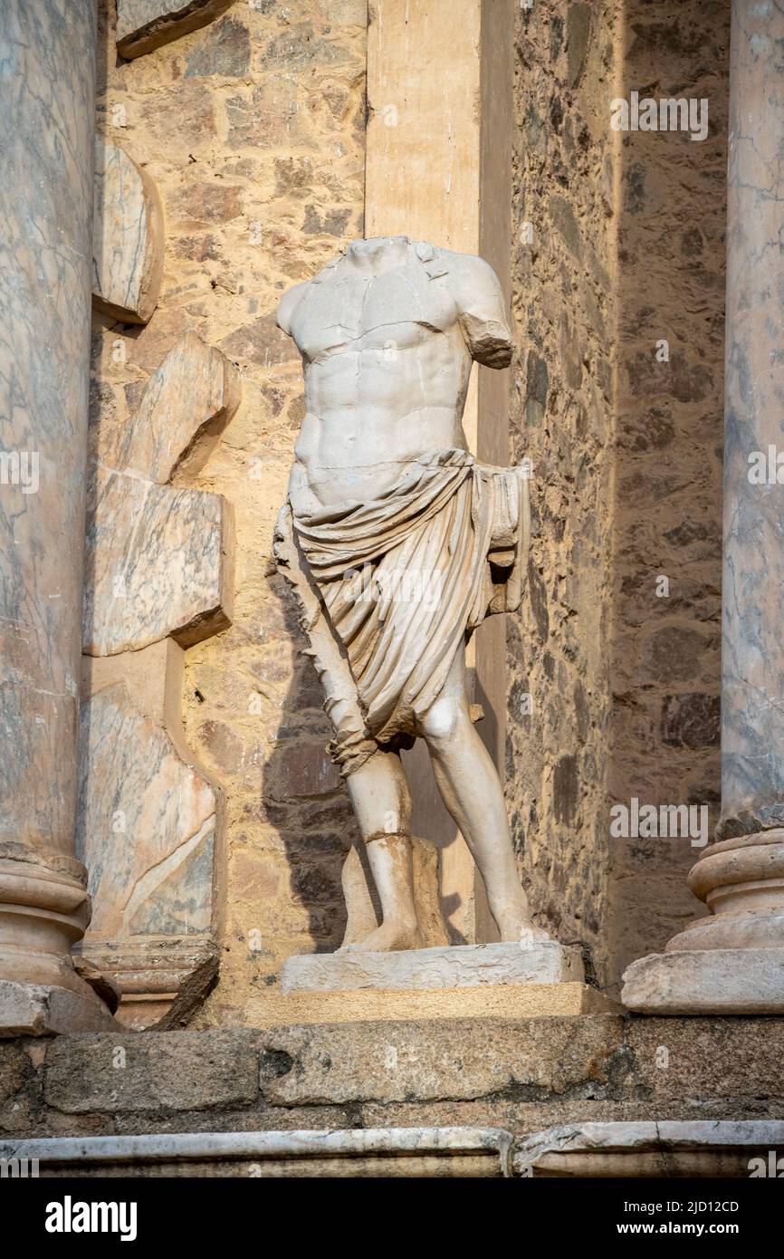 A detailed statue at the Roman Theatre of Merida, Merida, Spain Stock ...