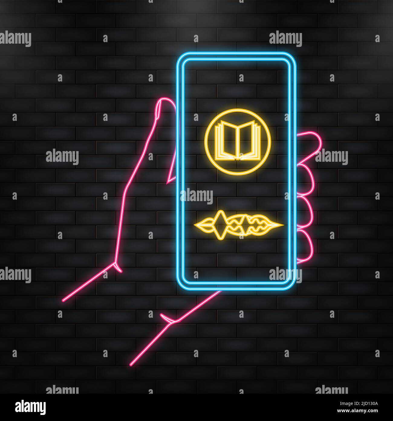 Neon Icon. Hand holds phone with record podcast on screen on yellow ...