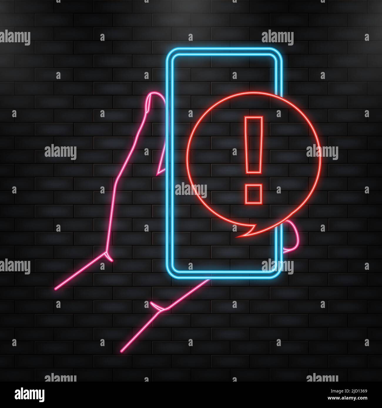 Neon Icon. Hand holds phone with danger sign on screen on red ...